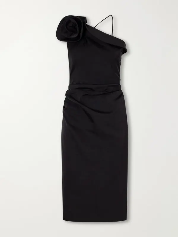 Magda Butrym One-shoulder Appliquéd Gathered Midi Dress - Black