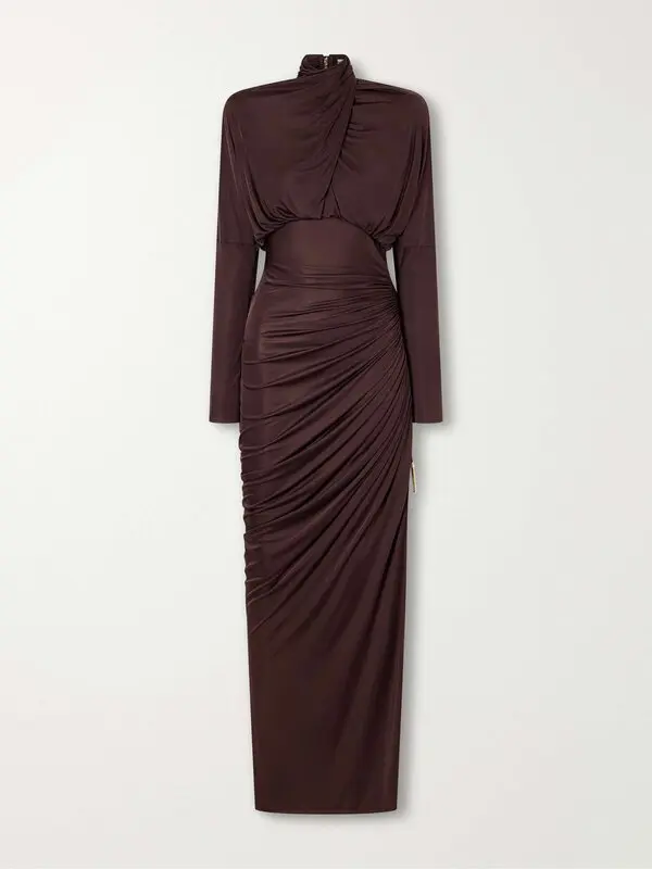 Balmain Draped Jersey Turtleneck Maxi Dress - Brown