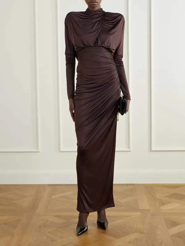 Balmain Draped Jersey Turtleneck Maxi Dress