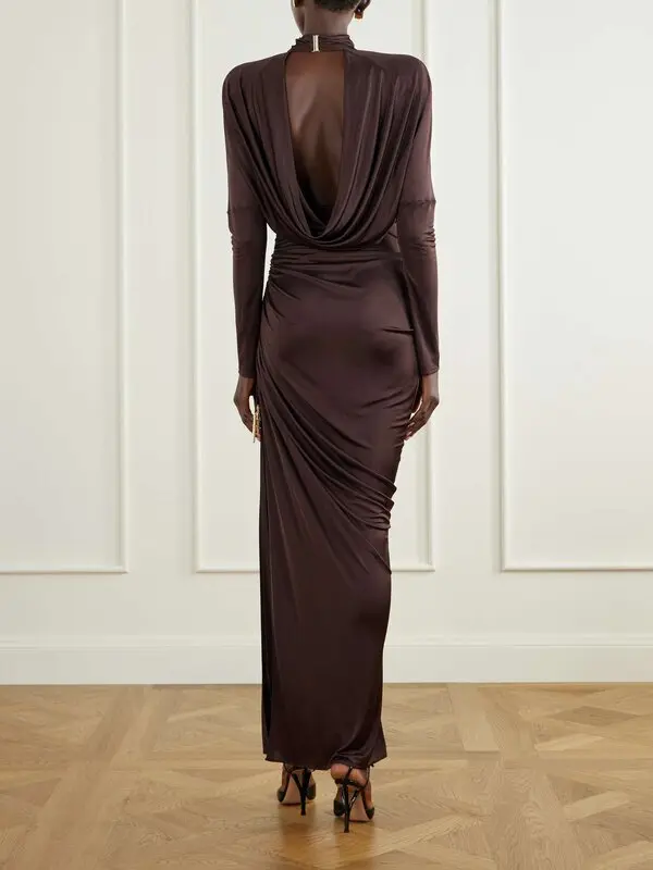 Balmain Draped Jersey Turtleneck Maxi Dress