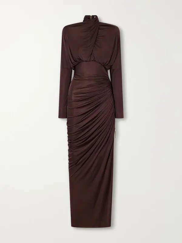 Balmain Draped Jersey Turtleneck Maxi Dress