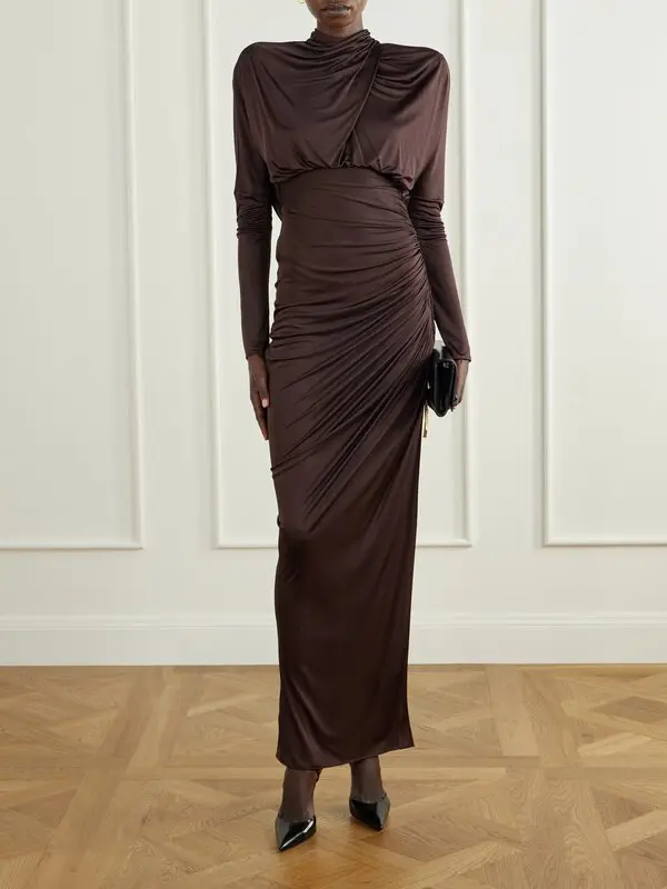 Balmain Draped Jersey Turtleneck Maxi Dress