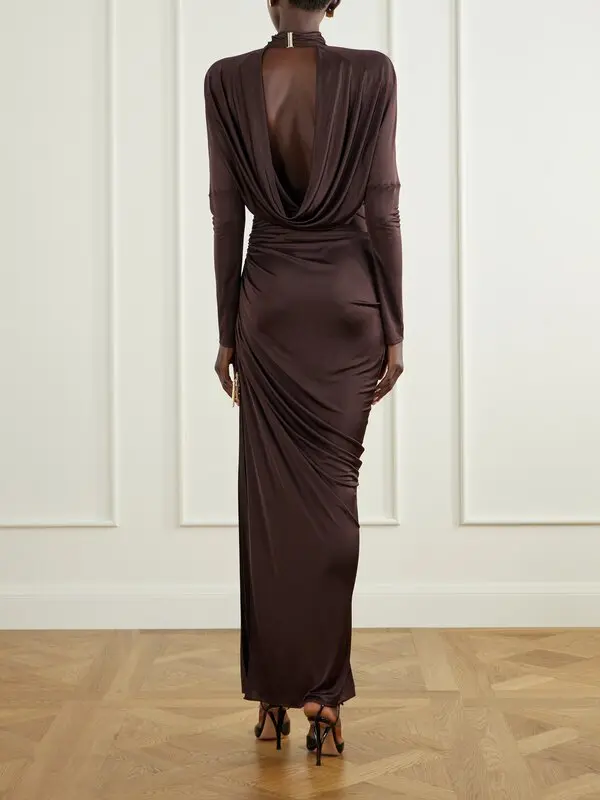 Balmain Draped Jersey Turtleneck Maxi Dress