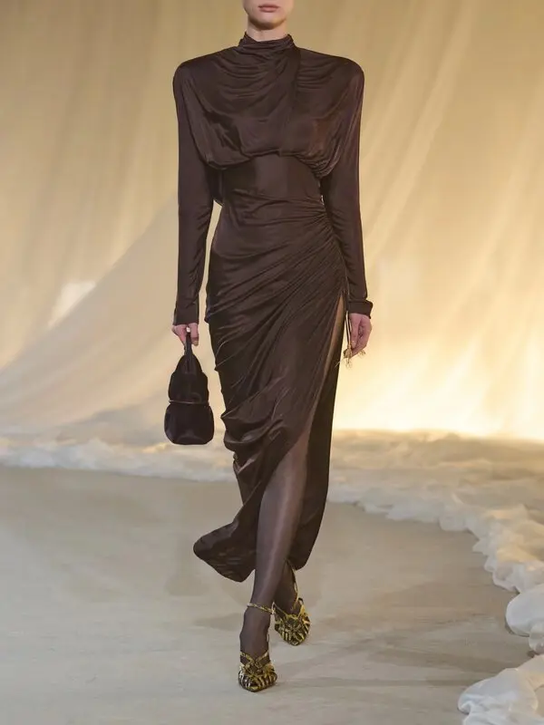 Balmain Draped Jersey Turtleneck Maxi Dress