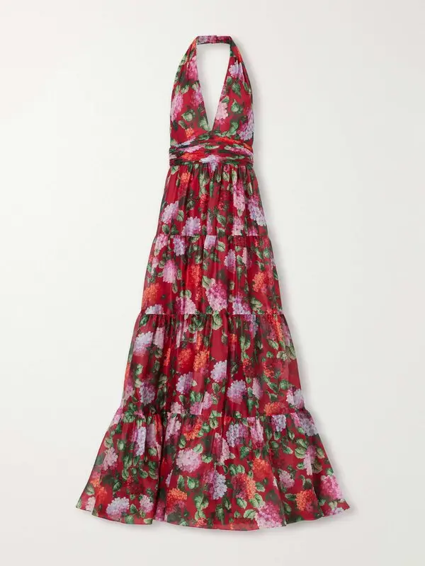 Carolina Herrera Tiered Pleated Floral-print Silk Halterneck Gown - Multi