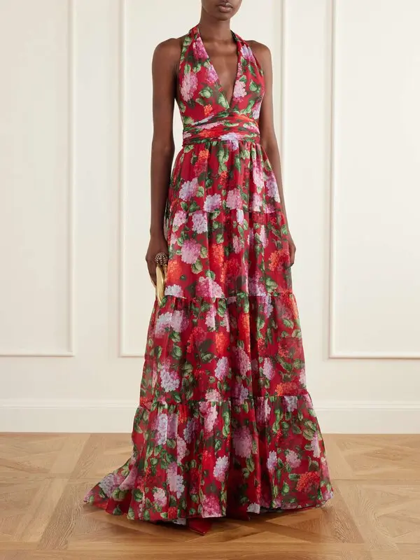Carolina Herrera Tiered Floral-print Silk Halterneck Gown - Multi