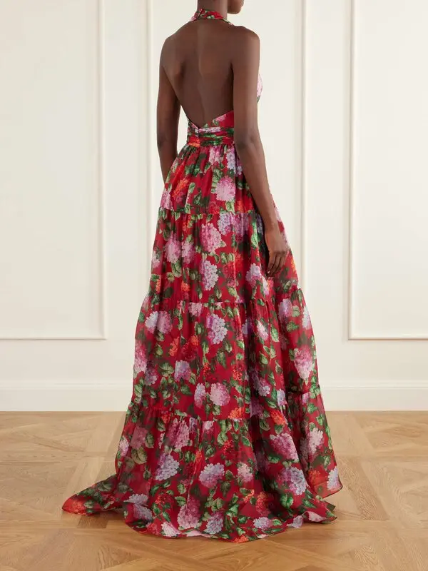 Carolina Herrera Tiered Floral-print Silk Halterneck Gown - Multi