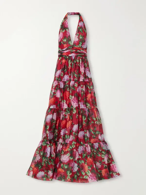 Carolina Herrera Tiered Floral-print Silk Halterneck Gown - Multi