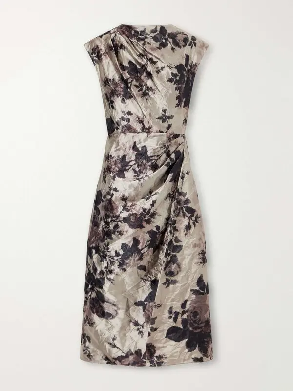 Erdem Floral-print Gathered Crinkled-satin Midi Dress - Multi