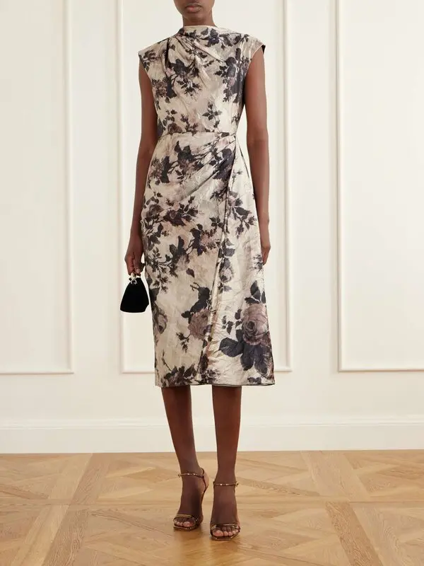 Erdem Floral-print Gathered Crinkled-satin Midi Dress