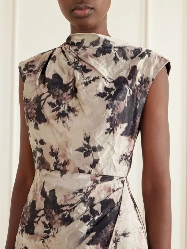 Erdem Floral-print Gathered Crinkled-satin Midi Dress