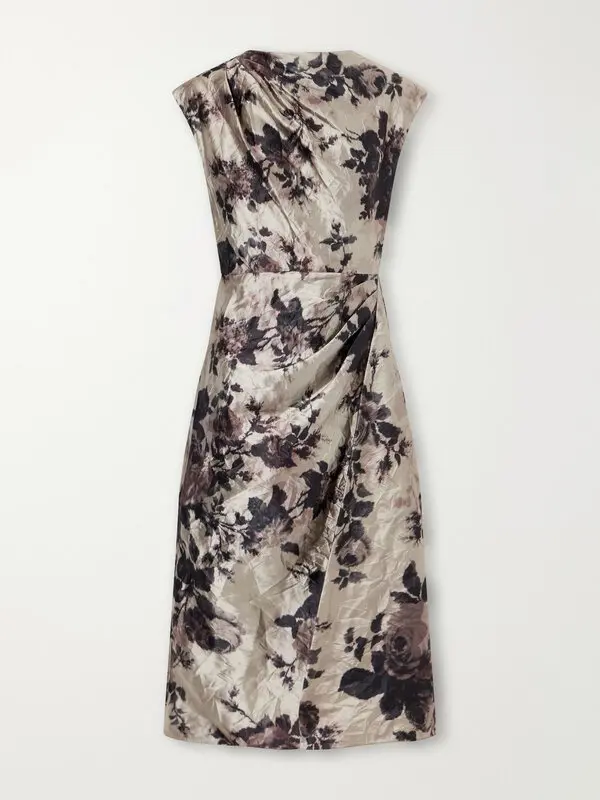 Erdem Floral-print Gathered Crinkled-satin Midi Dress - Multi