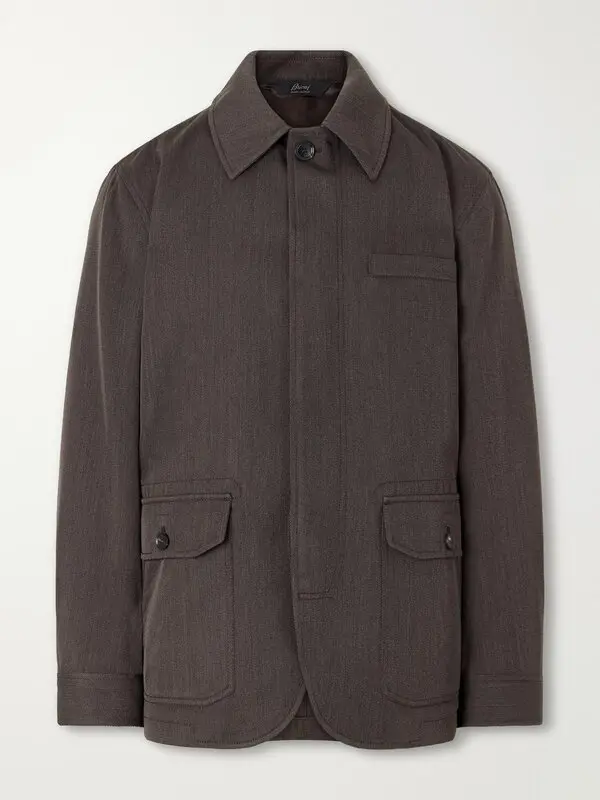 Brioni Wool-twill Jacket With Leather Trim - Brown