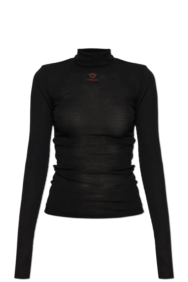 Versace Wool Turtleneck With Embroidered Logo - Black
