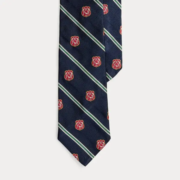 Ralph Lauren Silk Repp Club Tie With Crest Motif - Navy