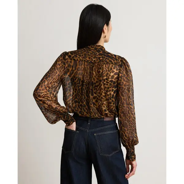 Ralph Lauren Ocelot-print Chiffon Tie-neck Blouse