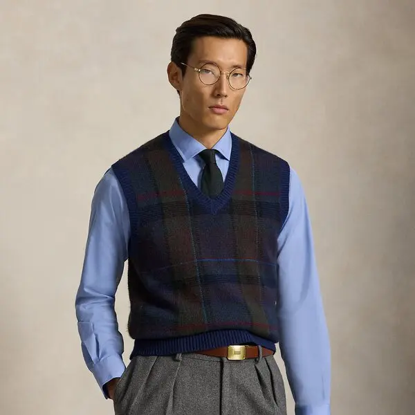 Ralph Lauren Plaid Wool-cotton Sweater Vest - Navy Multi