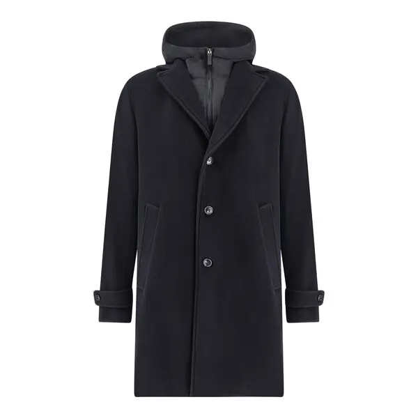 Paul & Shark 150's Wool Coat With Suede Inserts And Hood - Blue