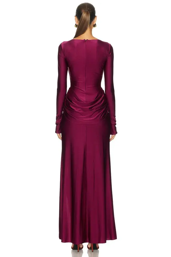 Lapointe Shine Jersey Long Sleeve Draped Waist Gown - Berry