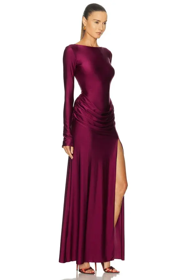 Lapointe Shine Jersey Long Sleeve Draped Waist Gown