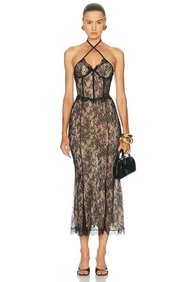 Alessandra Rich Chantilly Lace Bustier Evening Dress