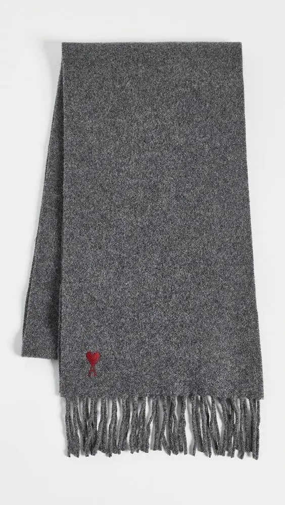 AMI Paris Quota Wool Scarf With Red De Coeur Embroidery - Gris Carbone