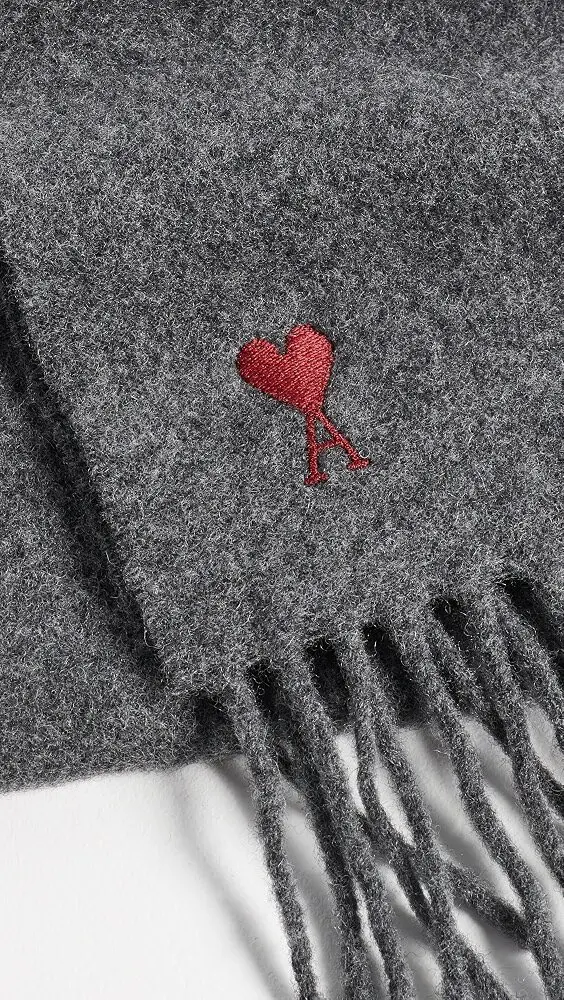 AMI Paris Quota Wool Scarf With Red De Coeur Embroidery