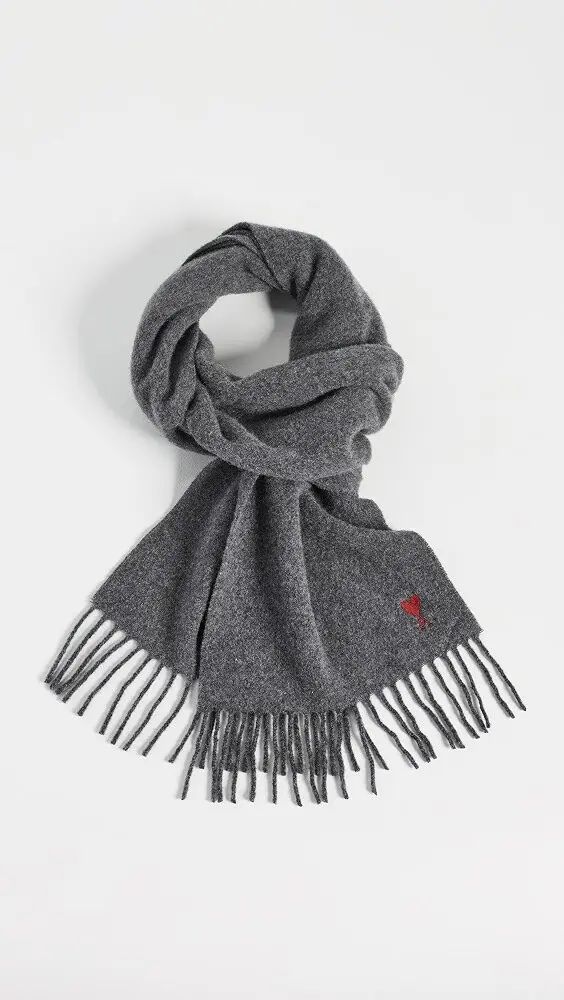 AMI Paris Quota Wool Scarf With Red De Coeur Embroidery