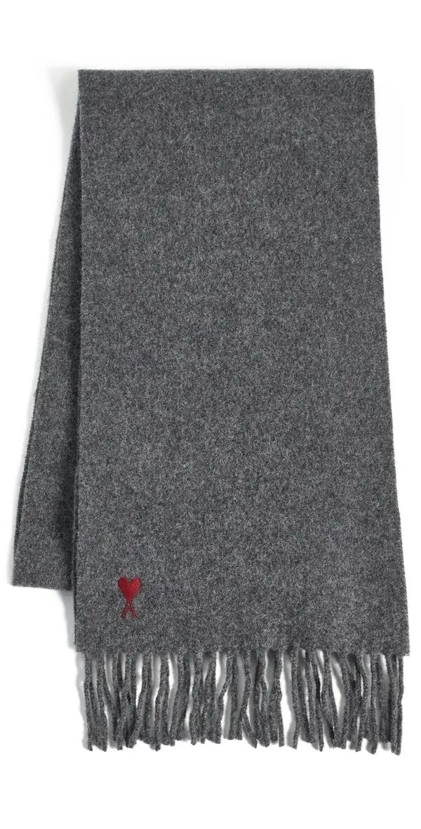 AMI Paris Quota Wool Scarf With Red De Coeur Embroidery - Gris Carbone
