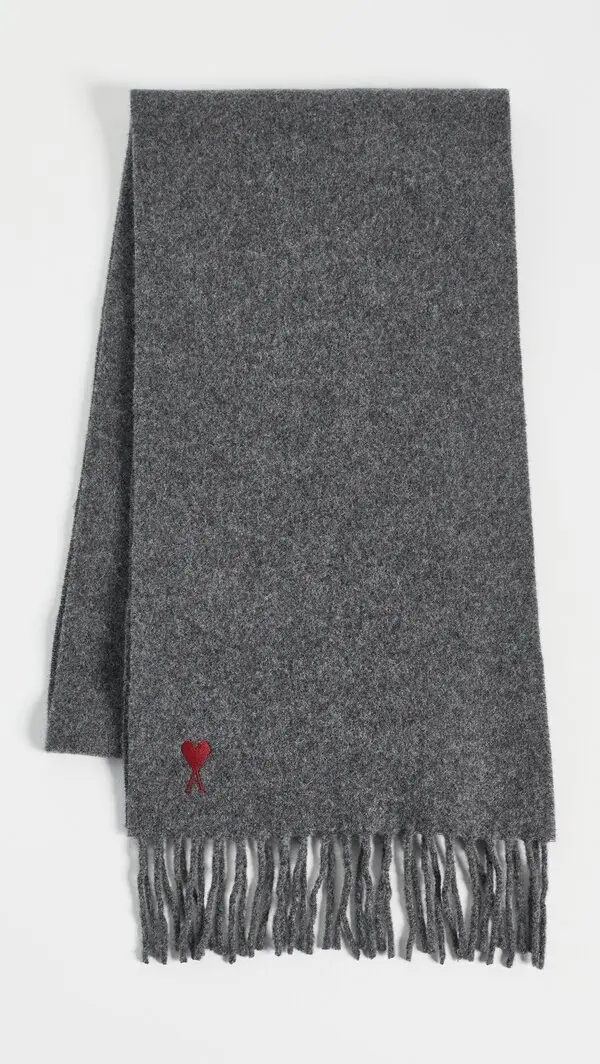 AMI Paris Quota Wool Scarf With Red De Coeur Embroidery