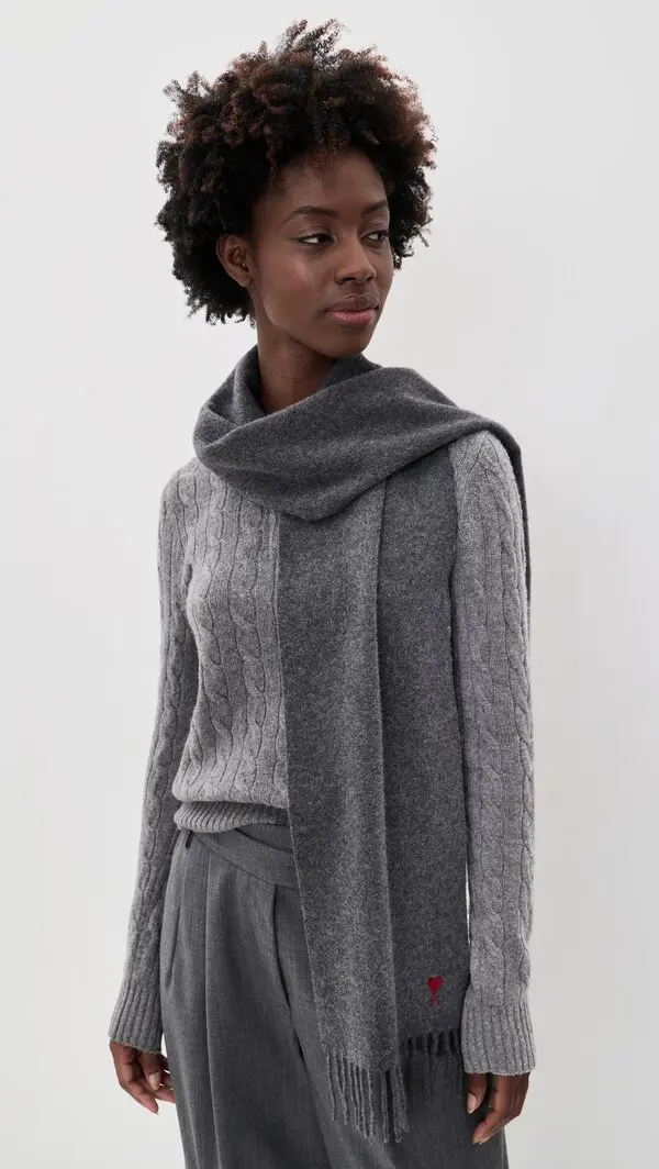 AMI Paris Quota Wool Scarf With Red De Coeur Embroidery