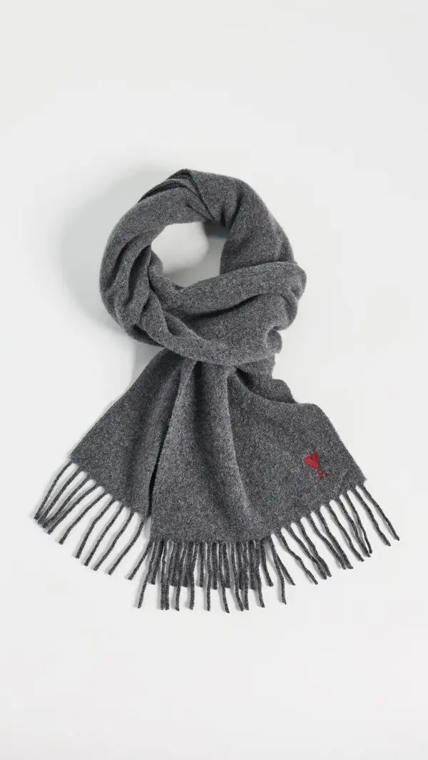 AMI Paris Quota Wool Scarf With Red De Coeur Embroidery