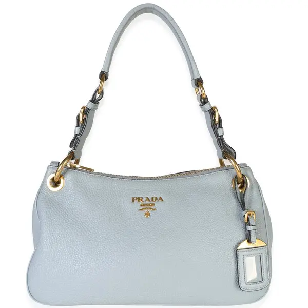 Prada Light Vitello Daino Logo Belted Shoulder Hobo - Blue
