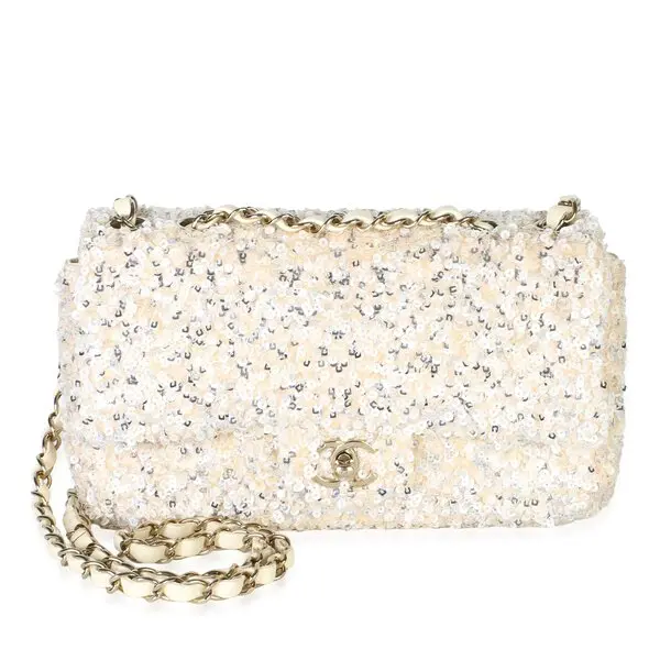 Chanel Cream Silver Sequin Single Flap Bag - Neutral