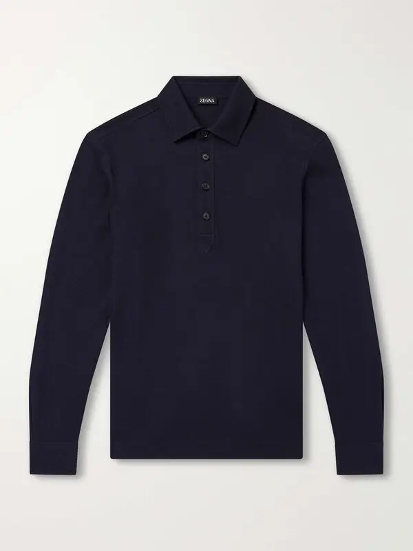 Zegna Cotton And Silk-blend Piqué Polo Shirt - Navy