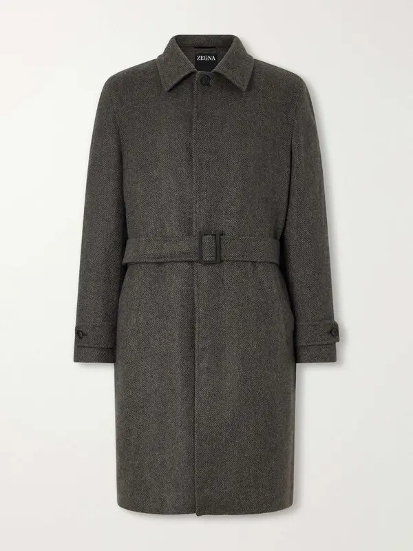 Zegna Oasi Belted Herringbone Cashmere Trench Coat - Green