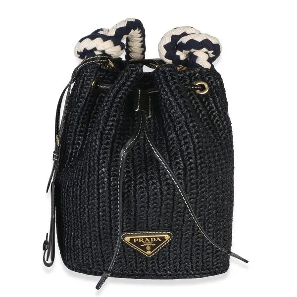 Prada Yarn Raffia Effect Crochet Drawstring Bucket Bag - Black