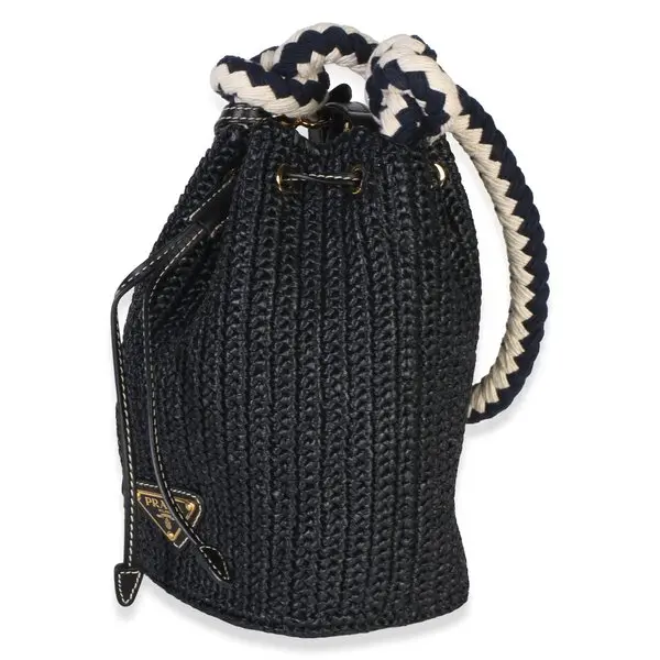 Prada Yarn Raffia Effect Crochet Drawstring Bucket Bag