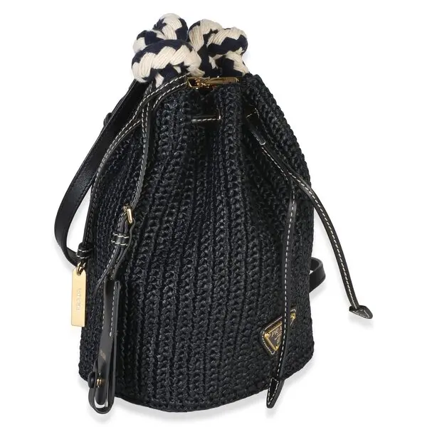 Prada Yarn Raffia Effect Crochet Drawstring Bucket Bag