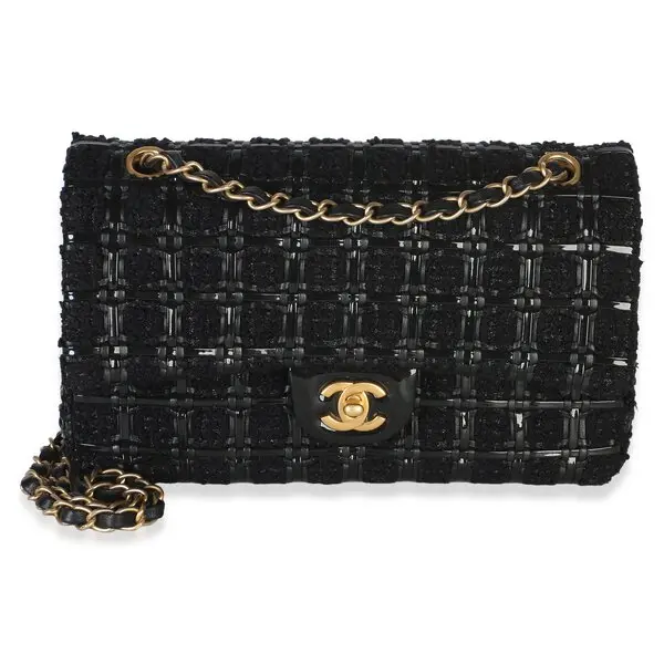 Chanel Tweed Woven Patent Classic Double Flap Bag - Black