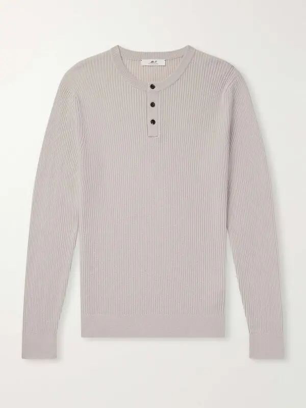 Mr P. Ribbed Wool And Cashmere Henley Sweater - Stone