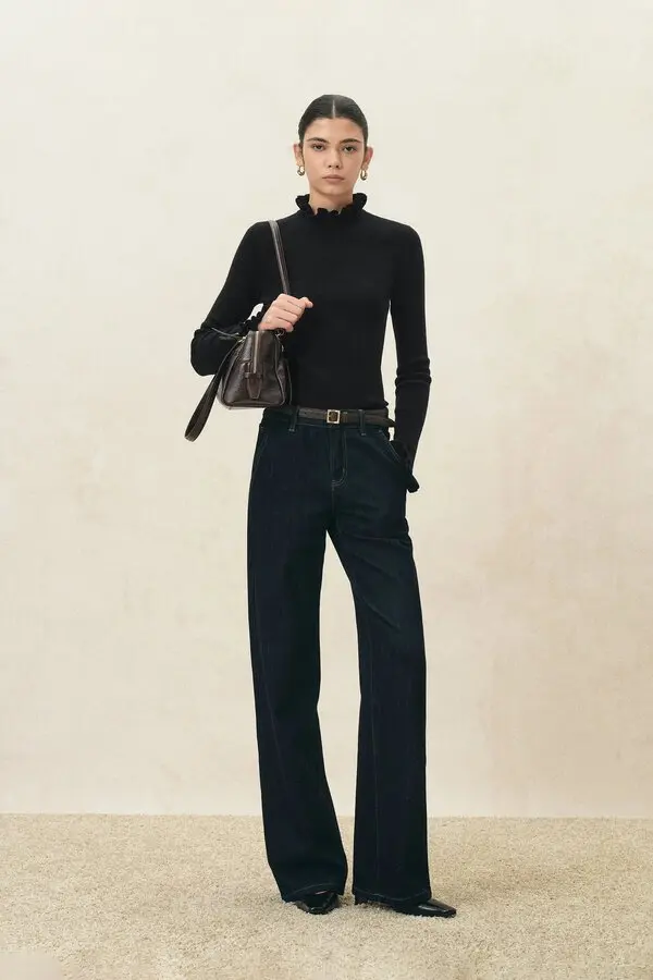 Fabrique Lieve Ruffle Trim Fitted Turtleneck Top In Wool Blend - Black