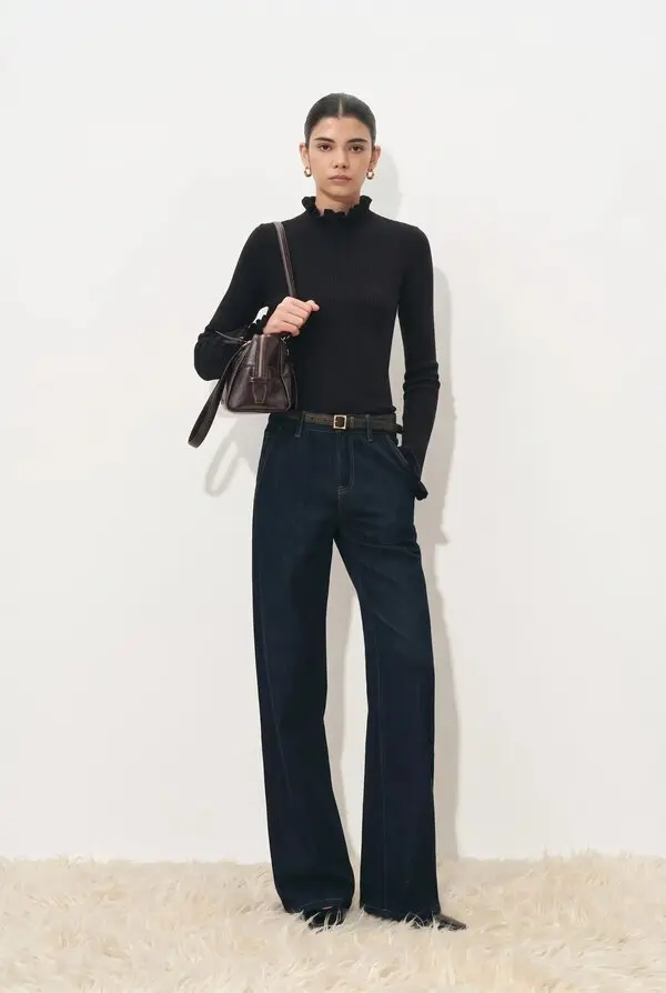 Fabrique Fitted Ruffle Trim Highneck Top In Wool Blend - Black