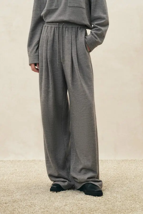 Fabrique Miranda Pleated Drawstring Wide Leg Pants In Wool Blend