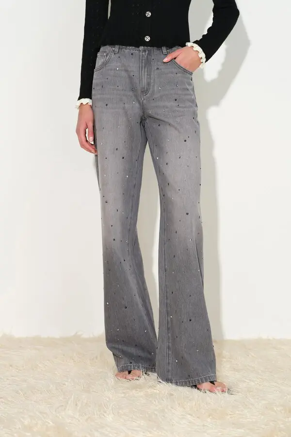 Fabrique Astra Crystal Embellished Straight Leg Jeans In Cotton Denim