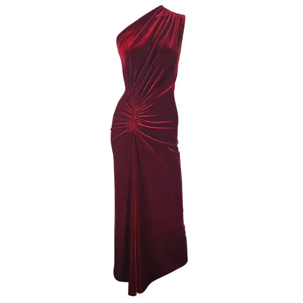 ME & THEE One Shoulder Ruched Velvet Midi Dress - Red