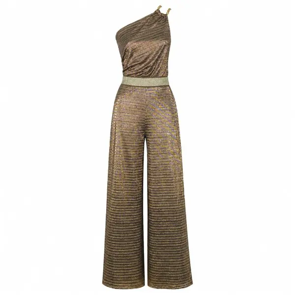 ME & THEE Antique Metallic Plisse One Shoulder Jumpsuit - Gold