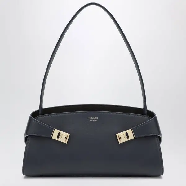 FERRAGAMO Hug East-west Navy/dark Brown Calfskin Shoulder Bag - Blue