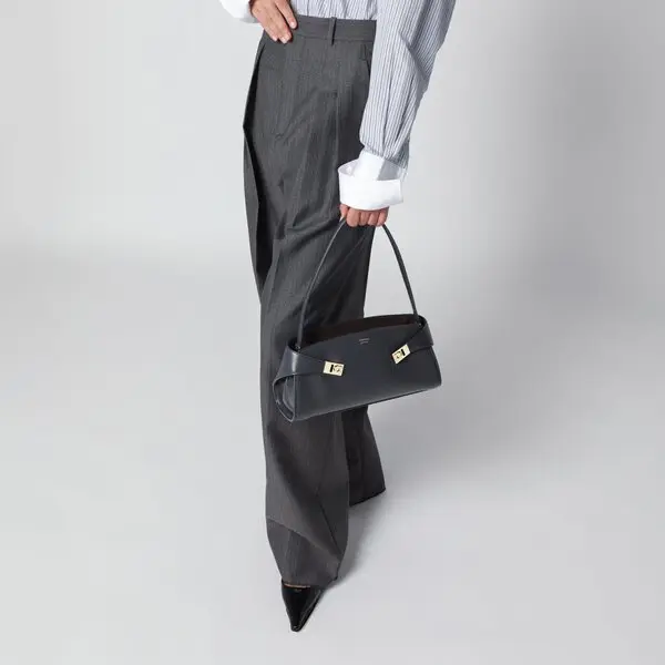FERRAGAMO Hug East-west Navy/dark Brown Calfskin Shoulder Bag