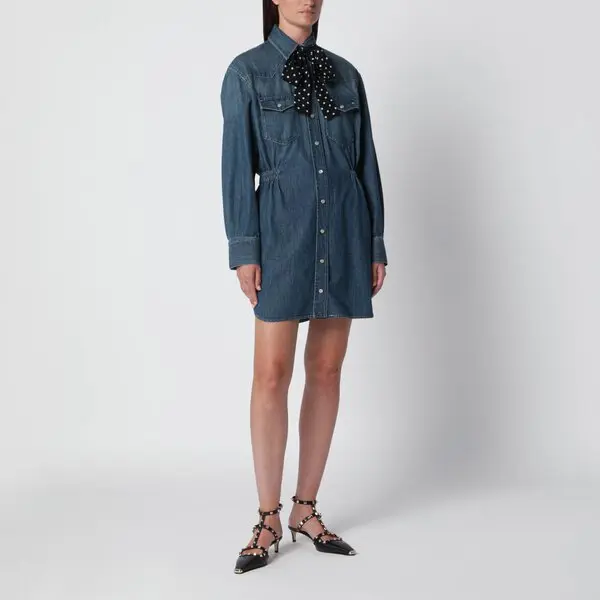 Valentino Garavani Medium Denim Dress With Polka-dot Scarf - Blue